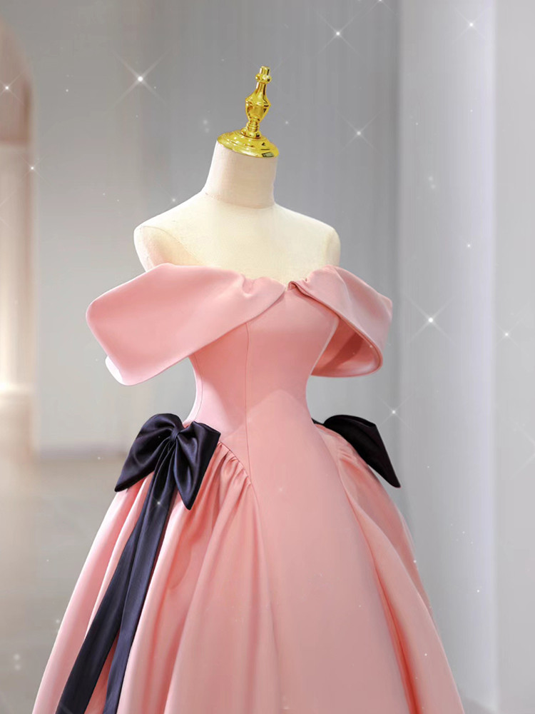 Pink Satin Off the Shoulder Bow Prom Dress
