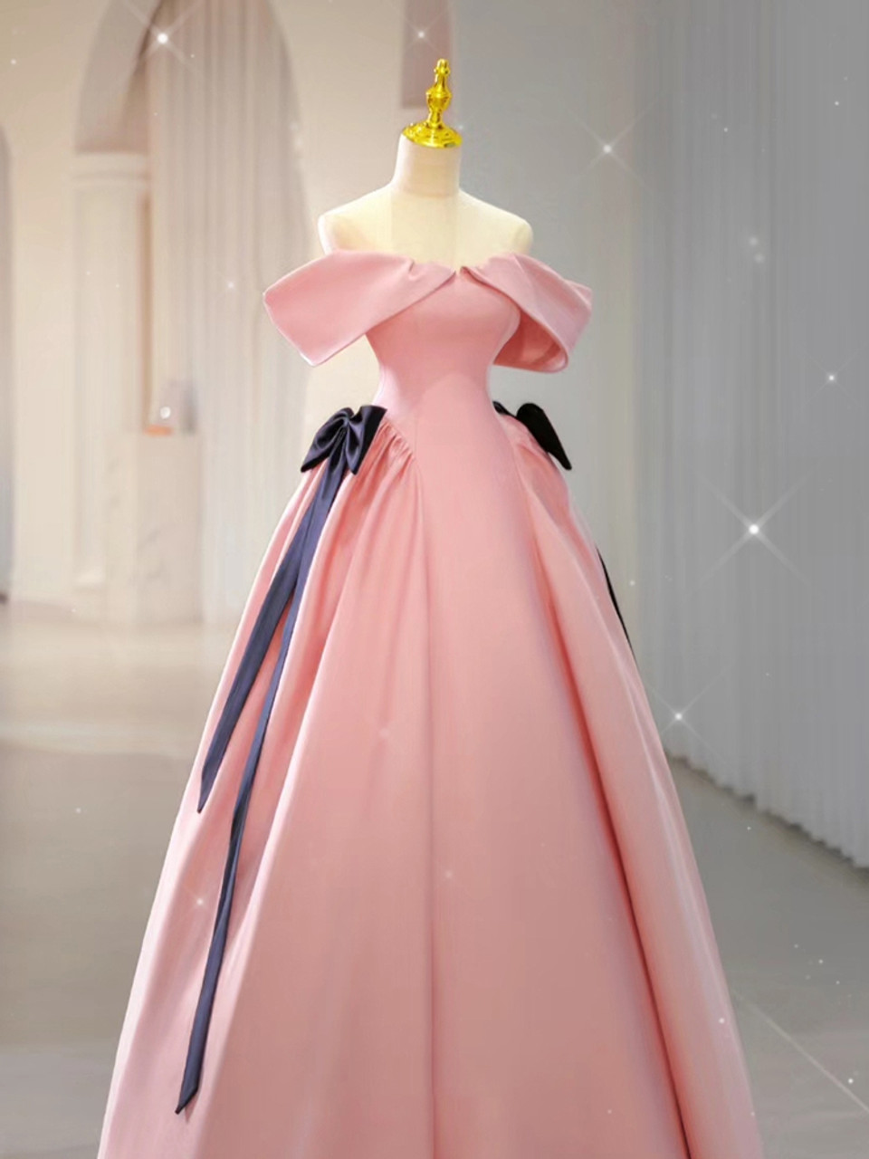Pink Satin Off the Shoulder Bow Prom Dress