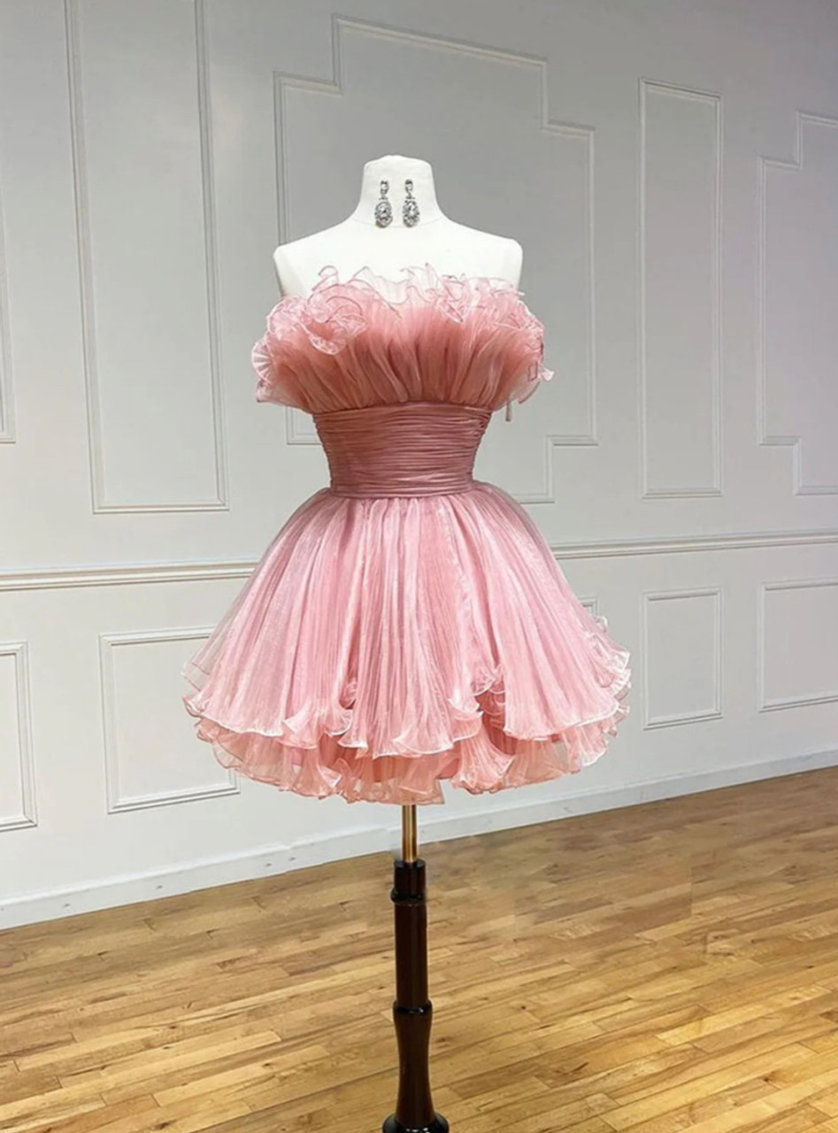 Pink Tulle Strapless Pleats Homecoming Dress