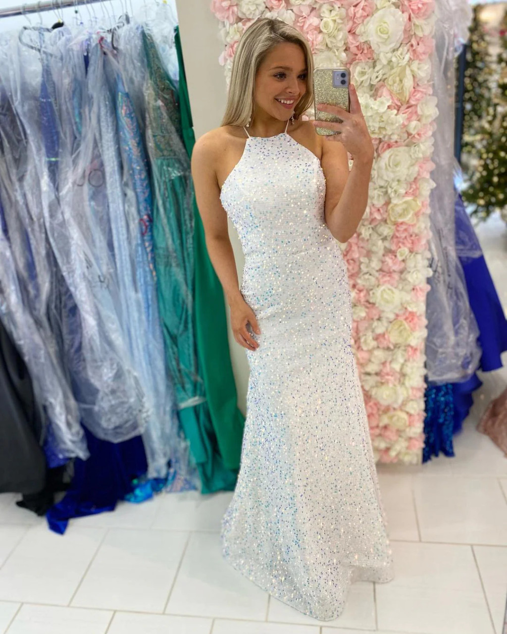 Red Mermaid Sequins Halter Backless Prom Dress