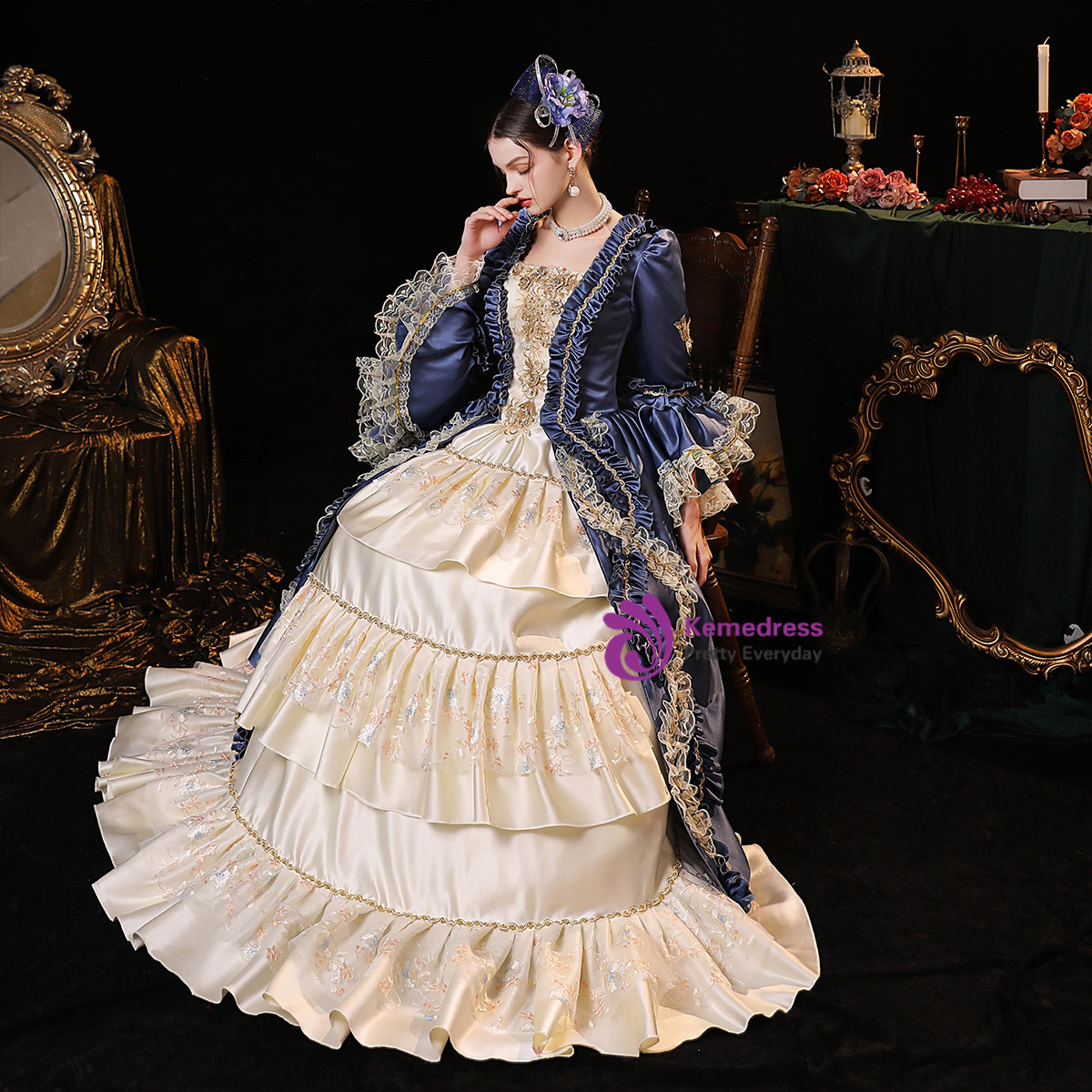 Vintage Navy Blue Satin Rococo Baroque Dress