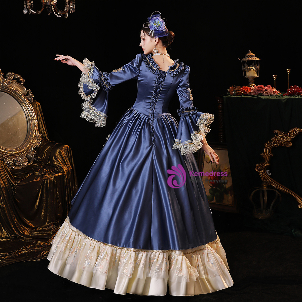 Vintage Navy Blue Satin Rococo Baroque Dress