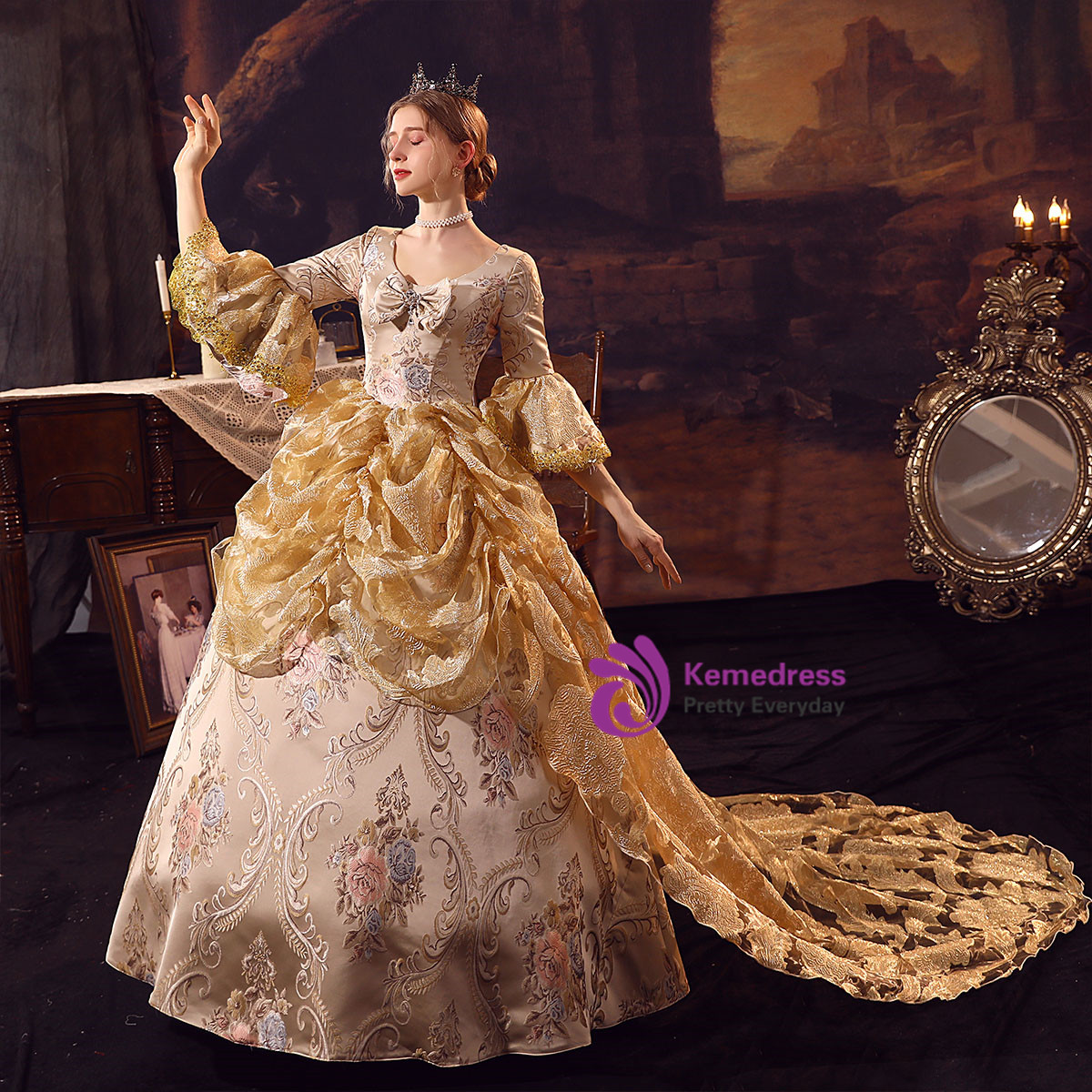 Champagne Print Short Sleeve Baroque Victorian Dress