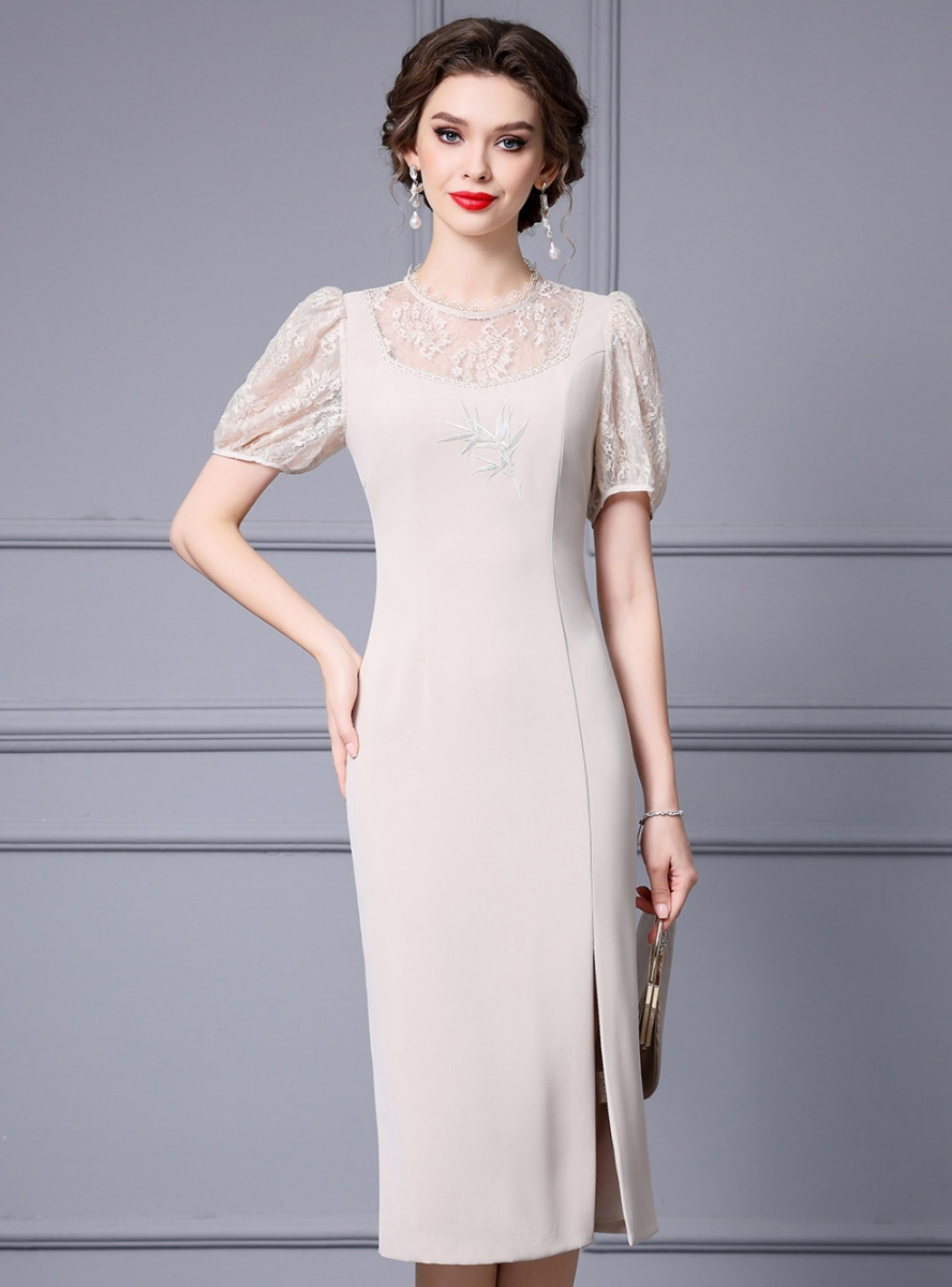 Apricot Lace Short Sleeve Mother Of The Bride Dress