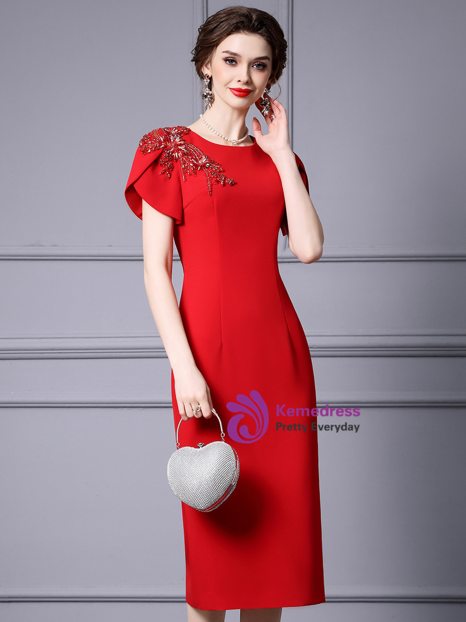 Red Short Sleeve Crystal Mother Of The Bride Dress