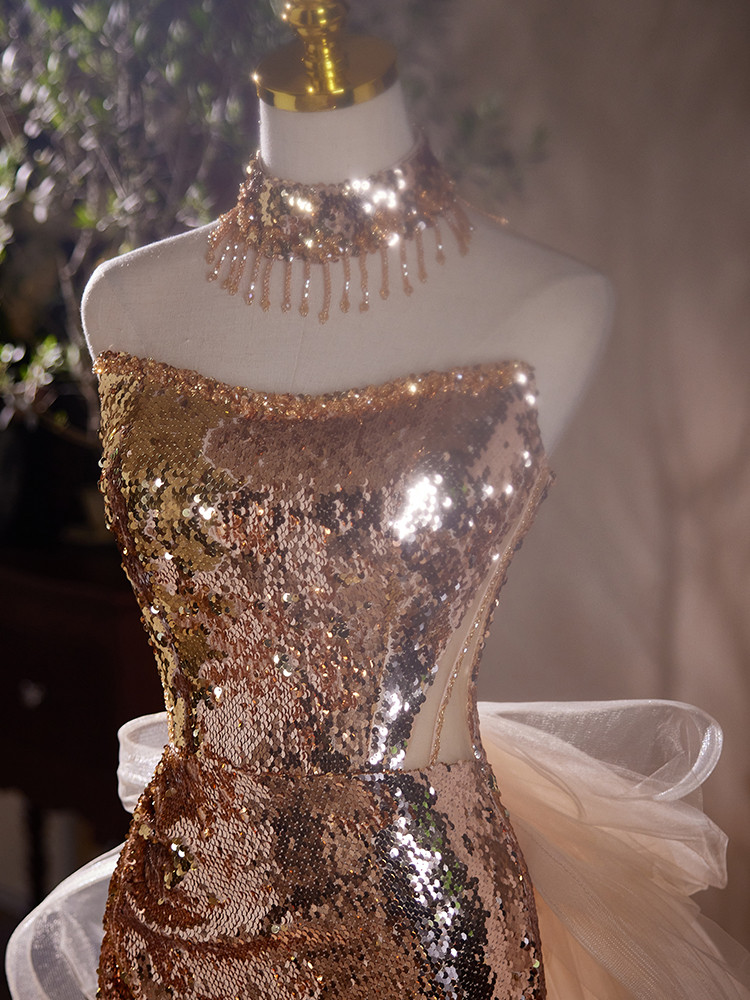 Gold Mermaid Sequins Strapless Pleats Prom Dress