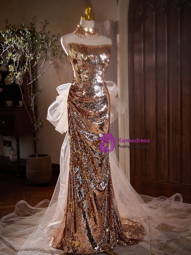 Gold Mermaid Sequins Strapless Pleats Prom Dress