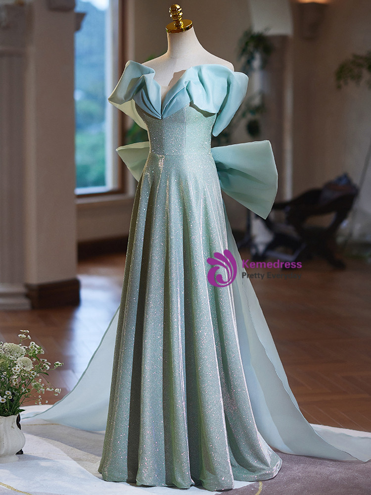 Blue Off the Shoulder Bow Prom Dress