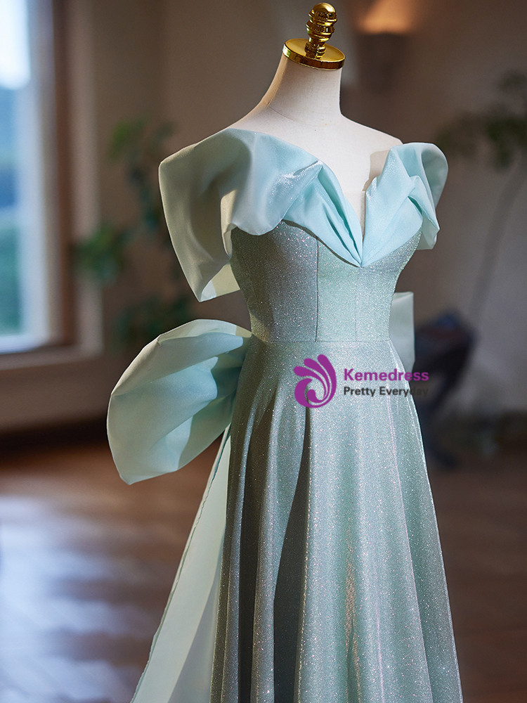 Blue Off the Shoulder Bow Prom Dress