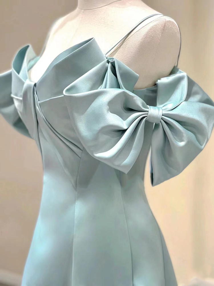 Blue Satin Spaghetti Straps Bow Prom Dress