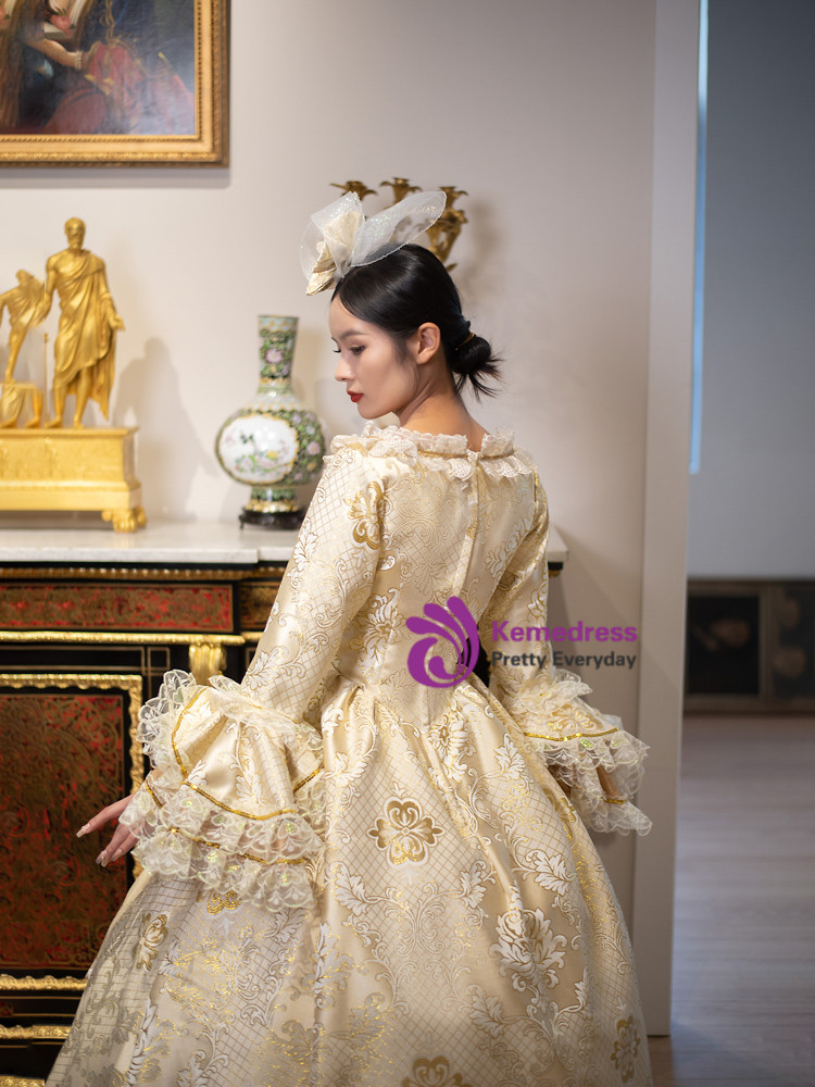 Gold Long Sleeve Lace Rococo Baroque Vintage Dress