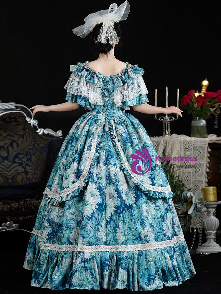 Blue Palace Print Lace Baroque Victorian Dress