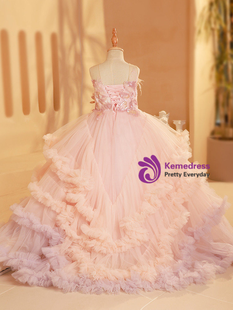 Pink Tulle Sequins Princess Flower Girl Dress