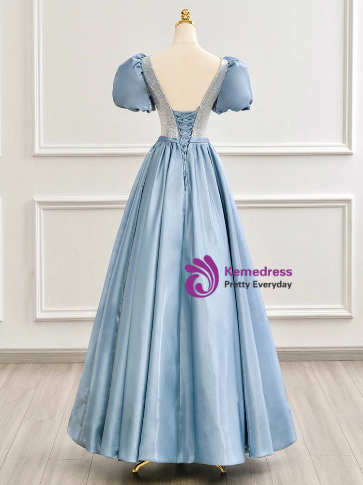 Blue Satin Puff Sleeve Sequins Prom Dress