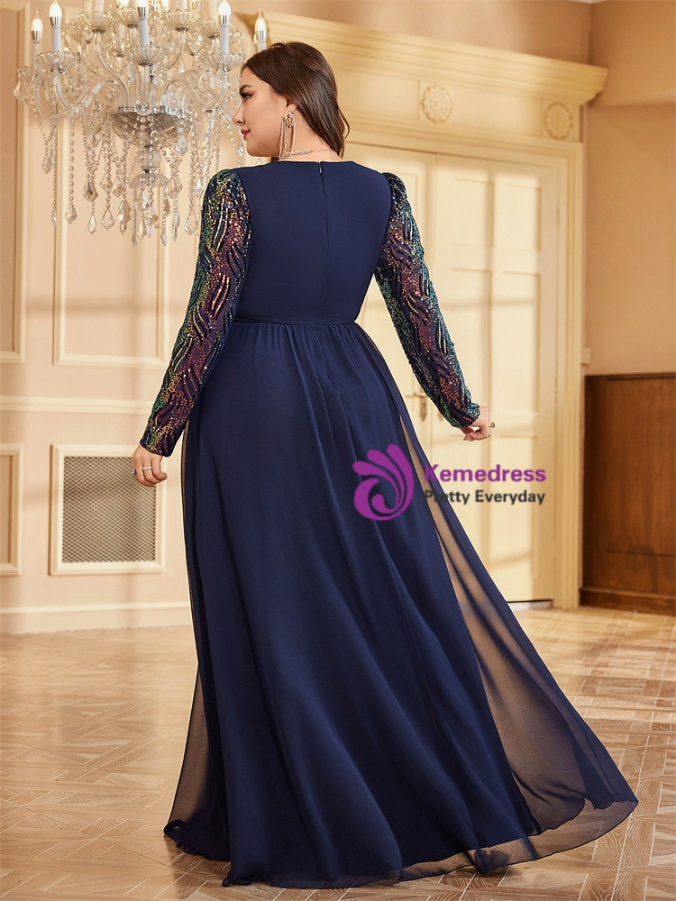Plus Size Navy Blue Chiffon Long Sleeve Prom Dress