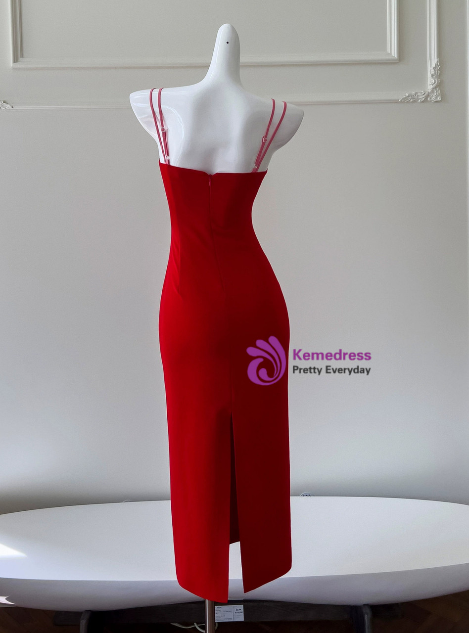 Red Sheath Straps Split Short Dress