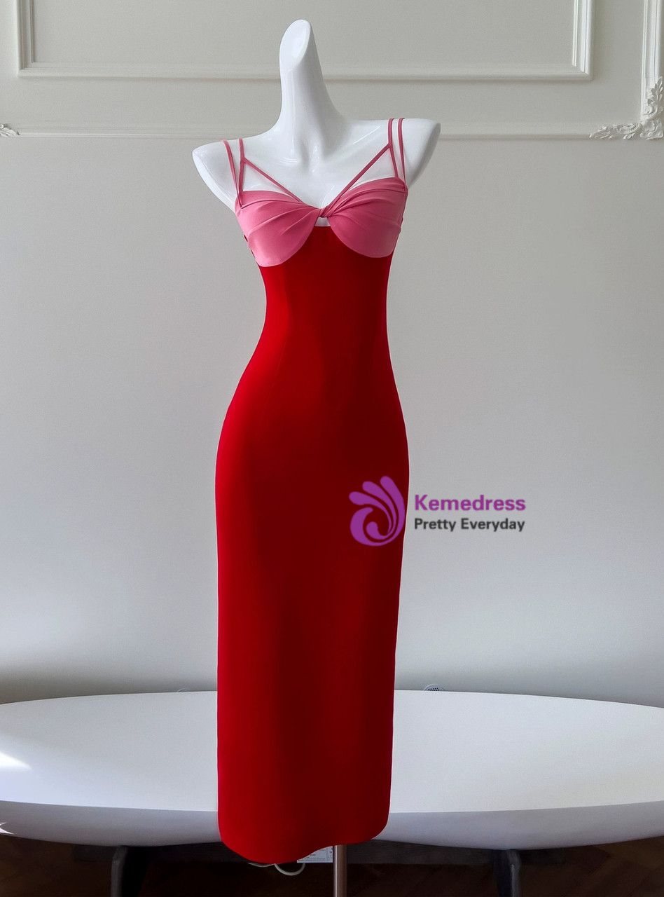 Red Sheath Straps Split Short Dress