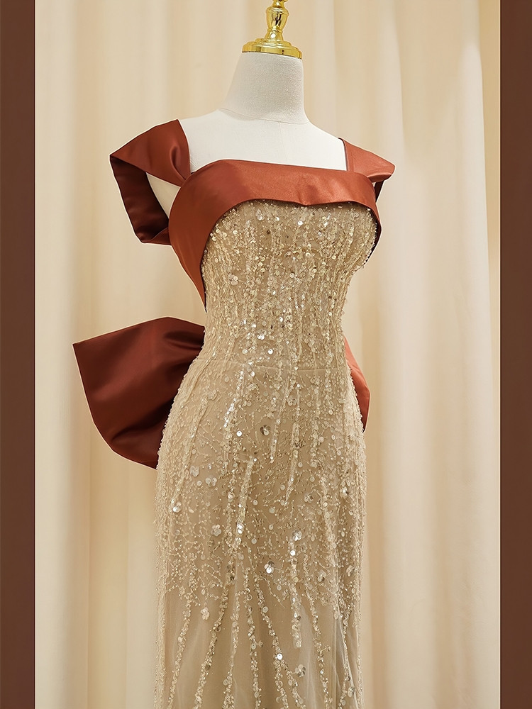 Champagne Sequins Caramel Satin Prom Dress
