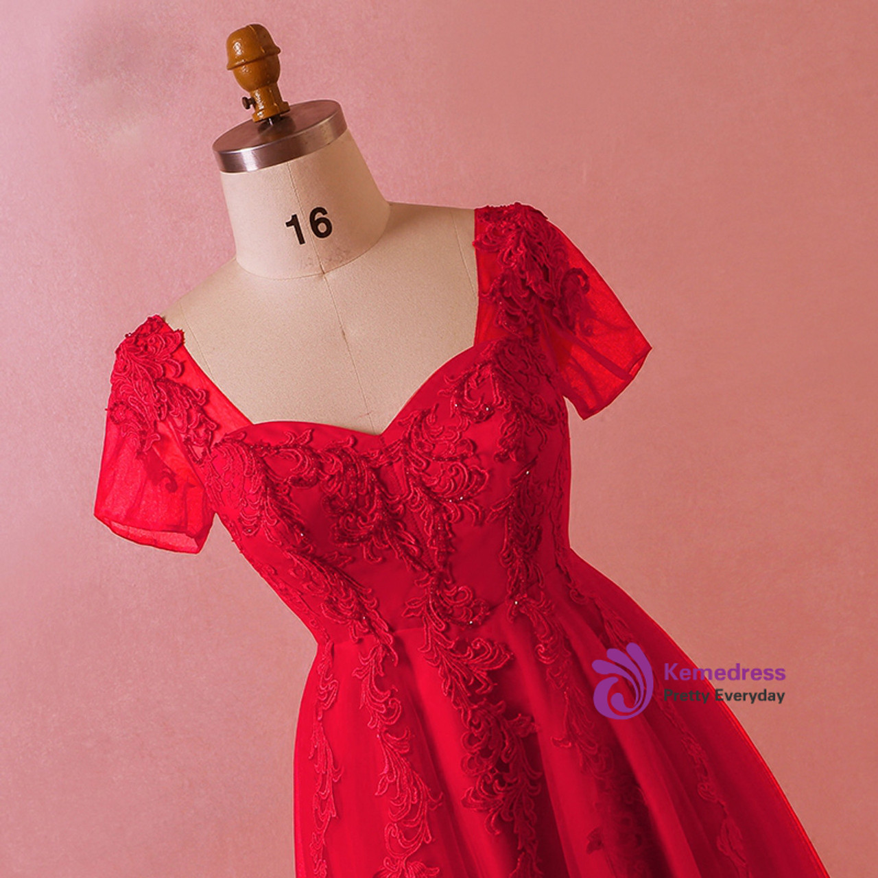 Plus Size Red Tulle Appliques Short Sleeve Floor Length Prom Dress
