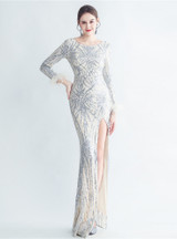 In Stock:Ship in 48 Hours Apricot Silver Long Sleeve Split Party Dress