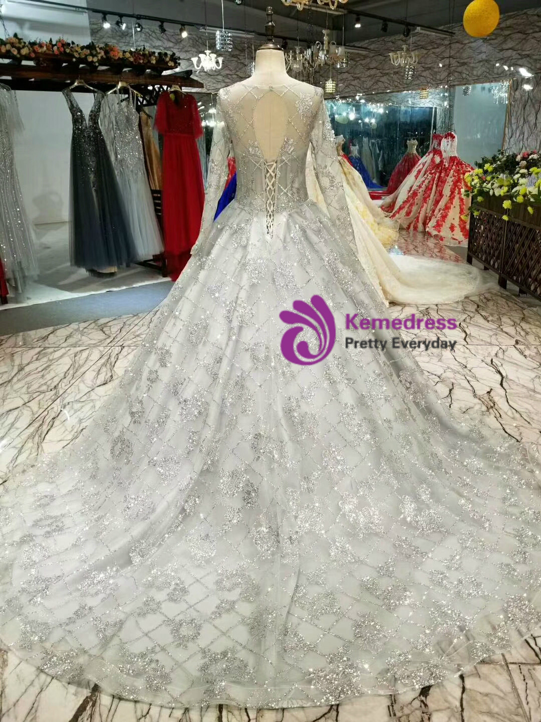 Silver Gray Ball Gown Tulle Sequins Long Sleeve Backless Luxury Wedding ...