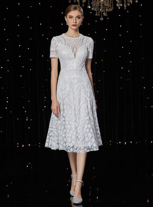 Short Half Sleeve Knee Length Little White Dresses