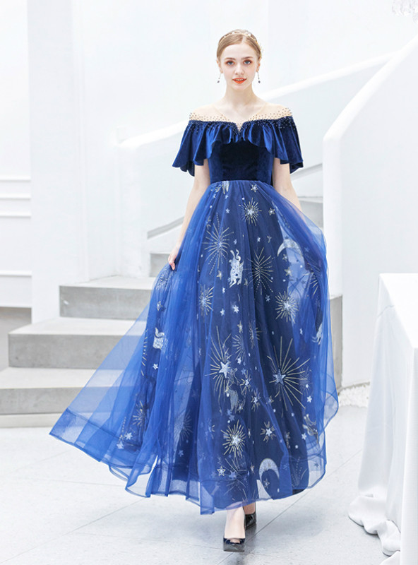 In Stock:Ship in 48 Hours Blue Tulle Star Sequins Prom Dress