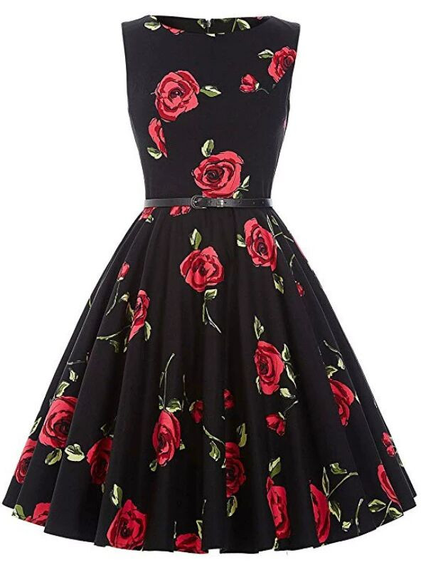 Women Black Rose Flower Short Vintage Dress With Sash - Kemedress