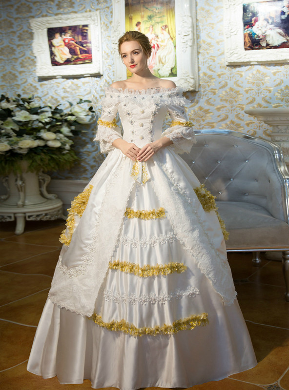 Whiote Ball Gown Satin Lace Drama Show Vintage Gown Dress