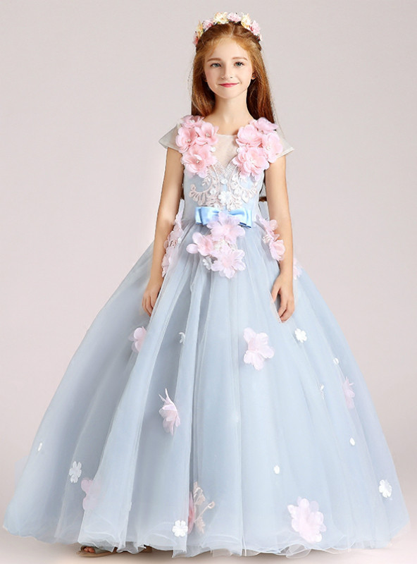 A-Line White Tulle Appliques Cap Sleeve Flower Girl Dress