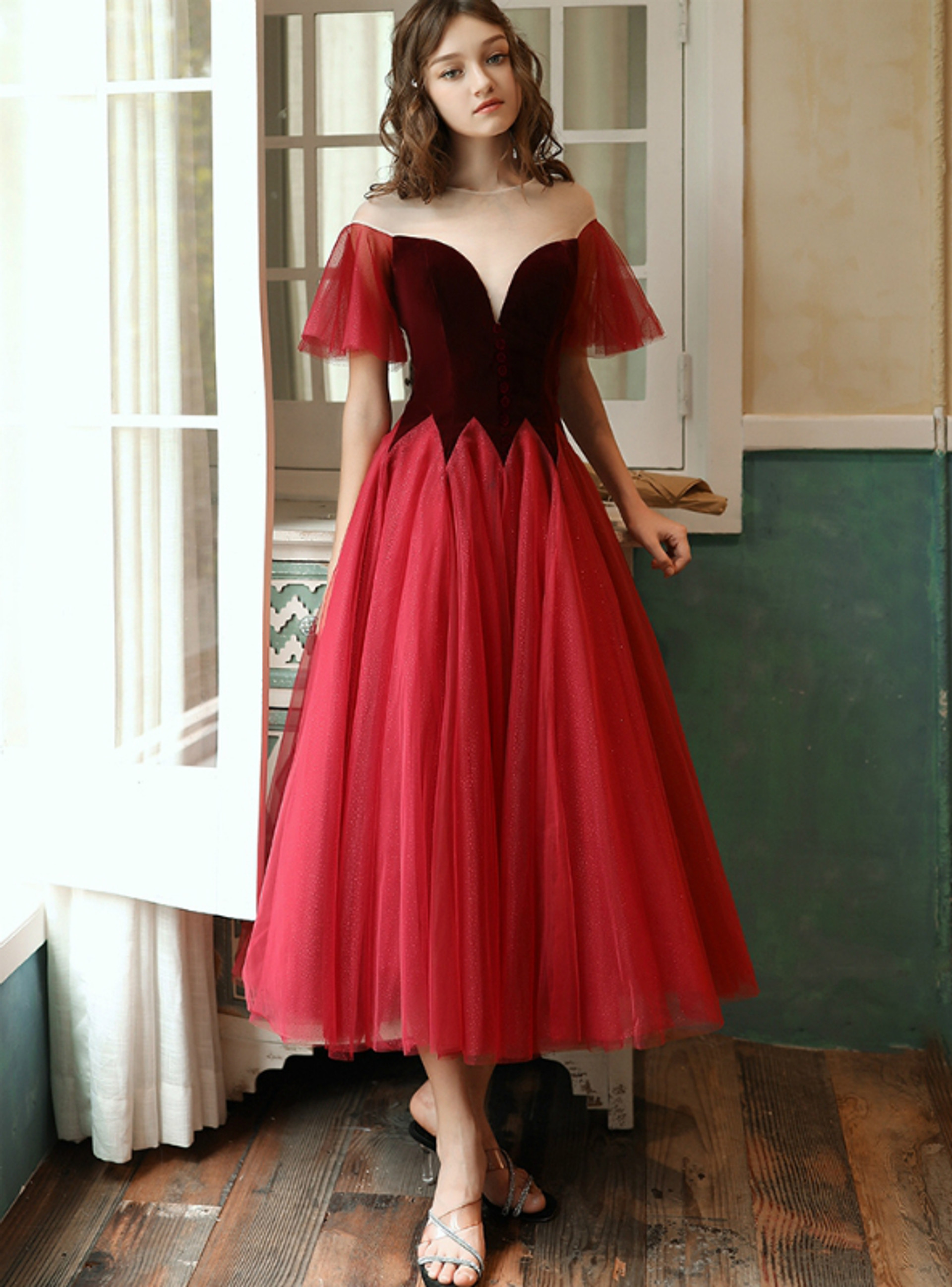 Black Mermaid Velvet See Through V Neck Prom Dress