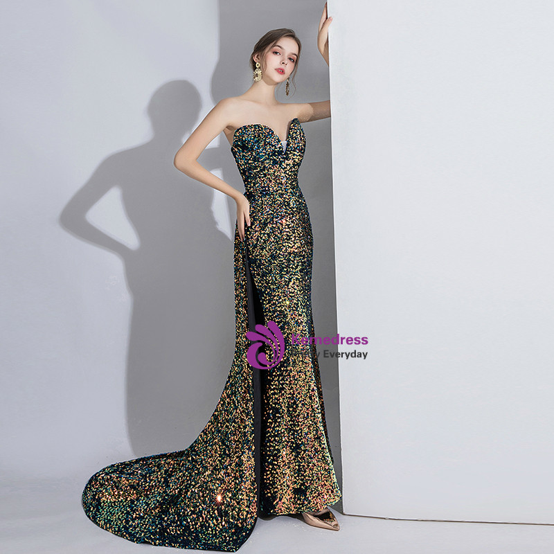 Multicolour Sequins Sweetheart Neck Long Prom Dress 2020