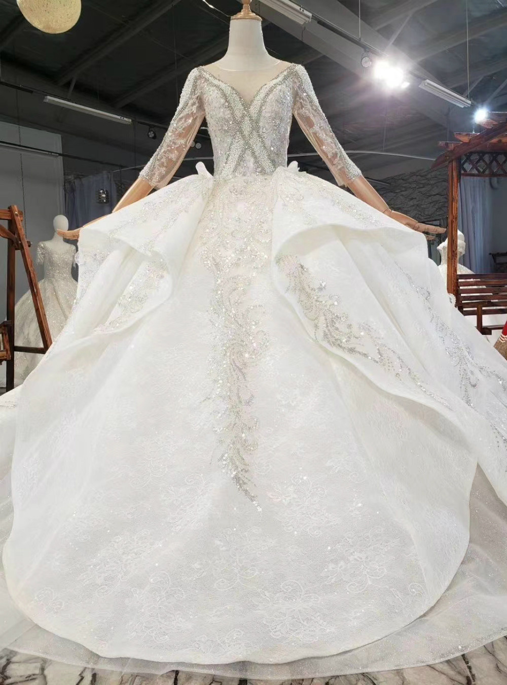 White Ball Gown Long Sleeve Lace Backless Wedding Dress