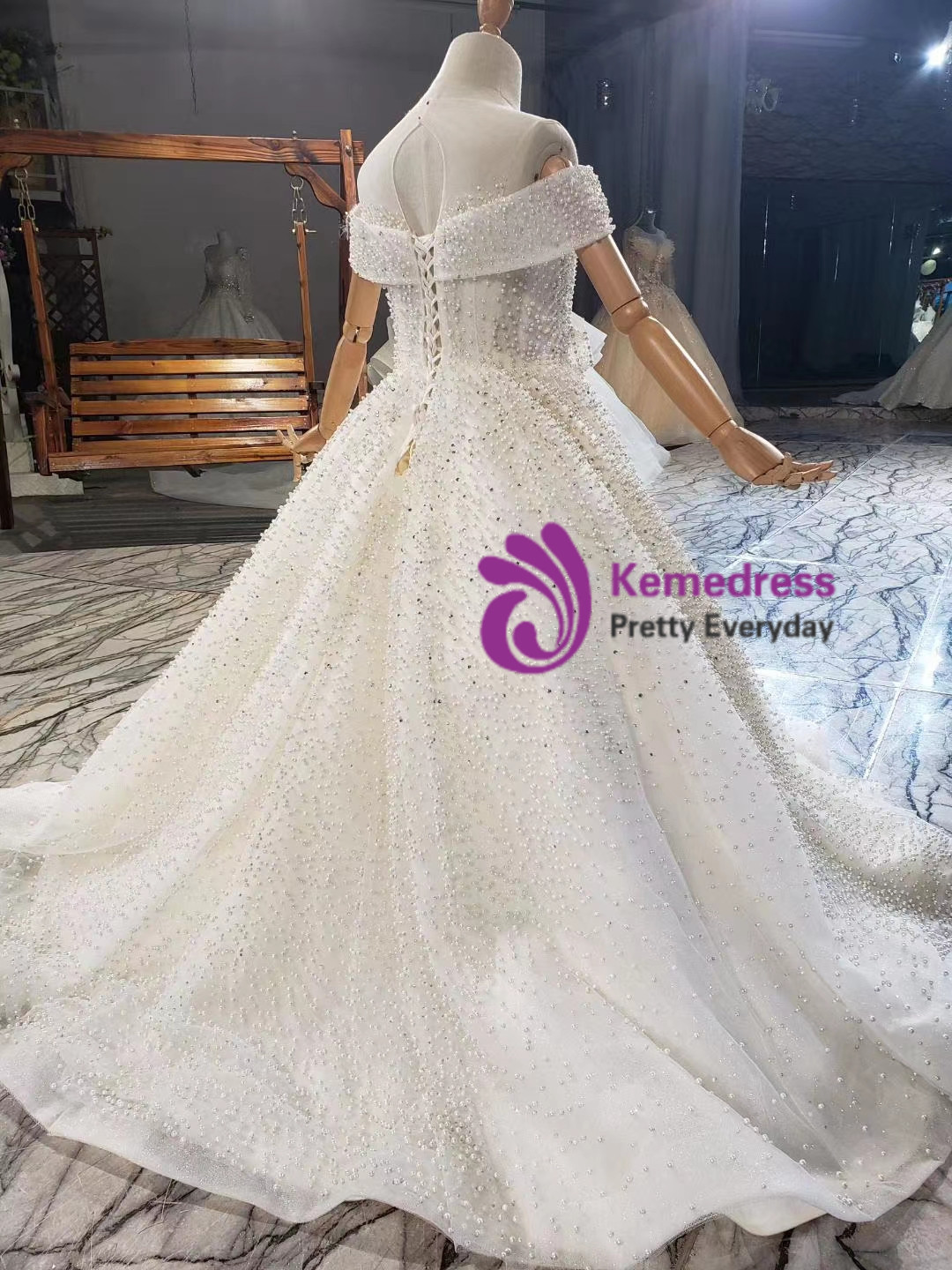 Light Champagne Tulle Beading Pearls Open Back Flower Girl Dress
