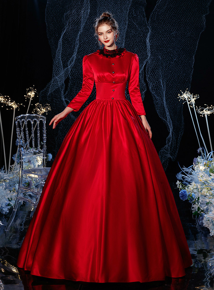 Black And Burgundy Satin Long Sleeve Drama Show Vintage Gown Dress