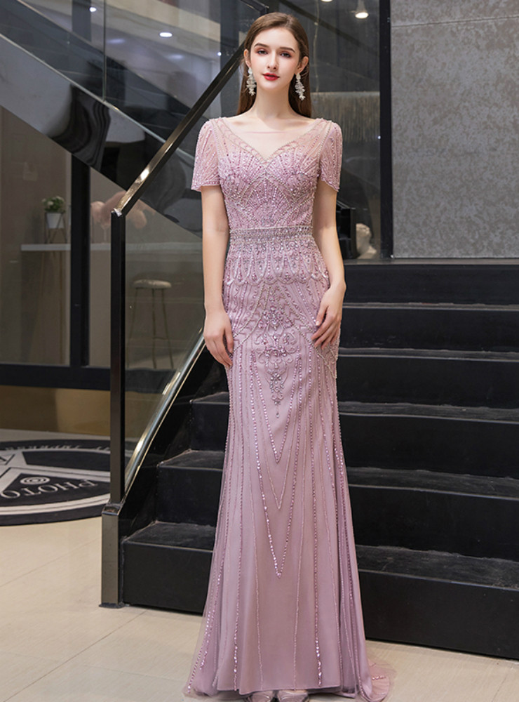 Lotus Color Mermaid Tulle Cap Sleeve Beading Prom Dress