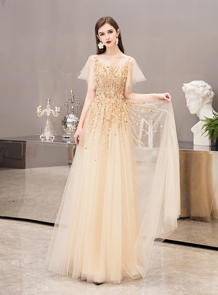 Gold Tulle Beading Sequins Formal Prom Dress
