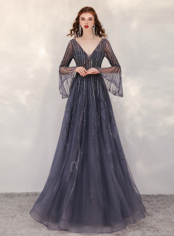 Gradation Gray Tulle V-neck Beading Prom Dress