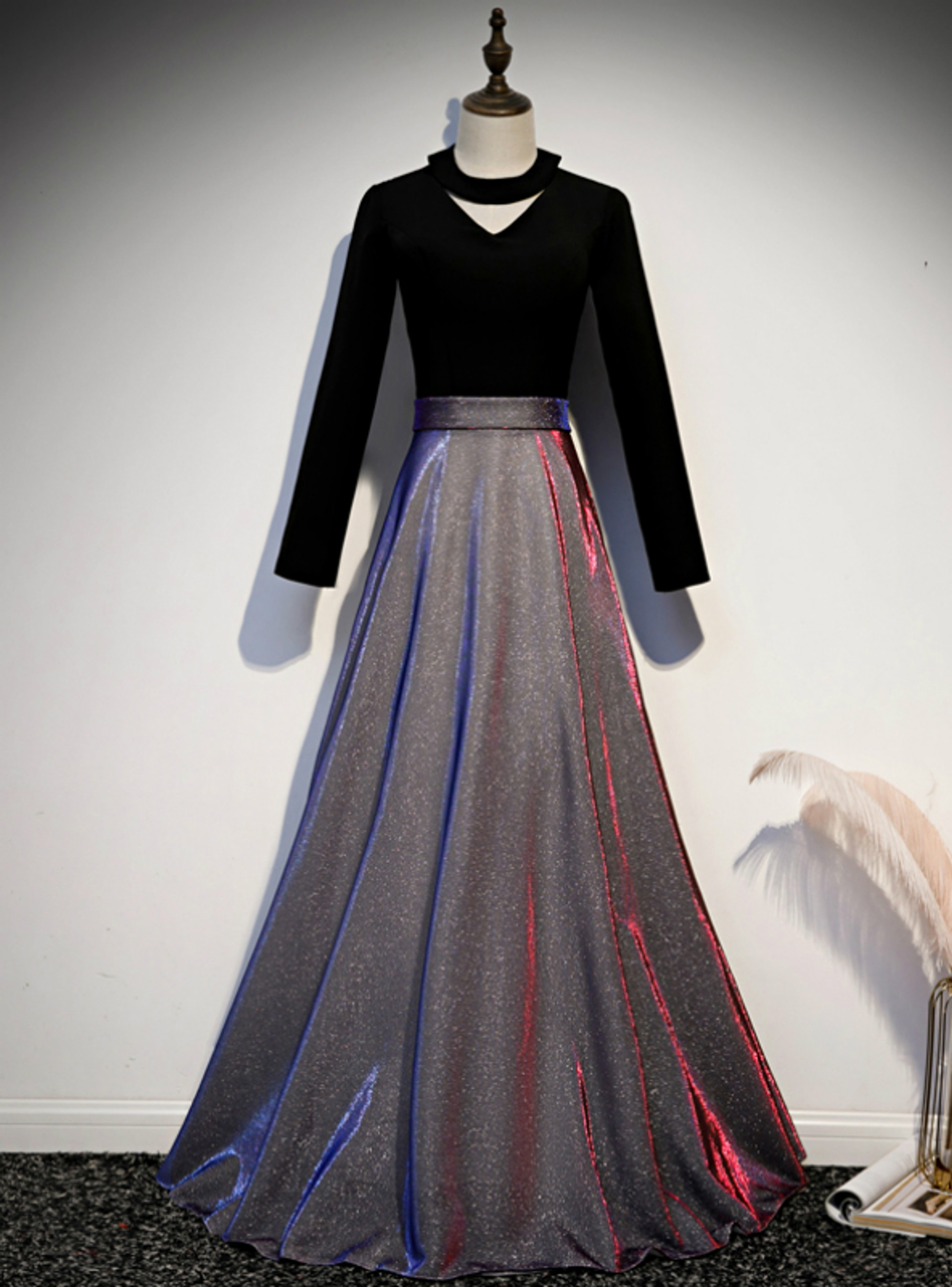 A Line Black Velvet Horn Sleeve See Through Prom Dress 2020