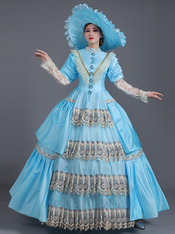 Blue Satin Lace Long Sleeve Bow Rococo Antonietta Dress