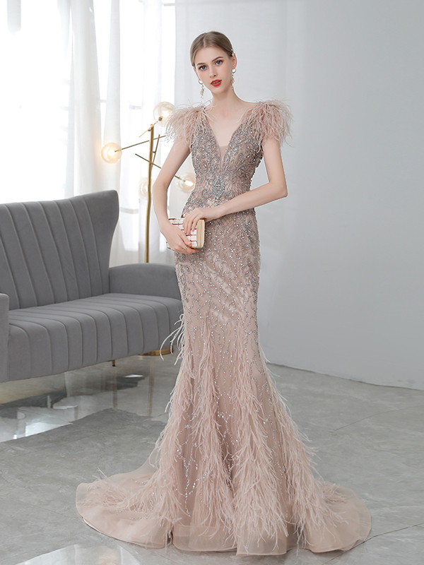 Meat Pink Mermaid V-neck Short Sleeve Heavy Beading Prom Dress
