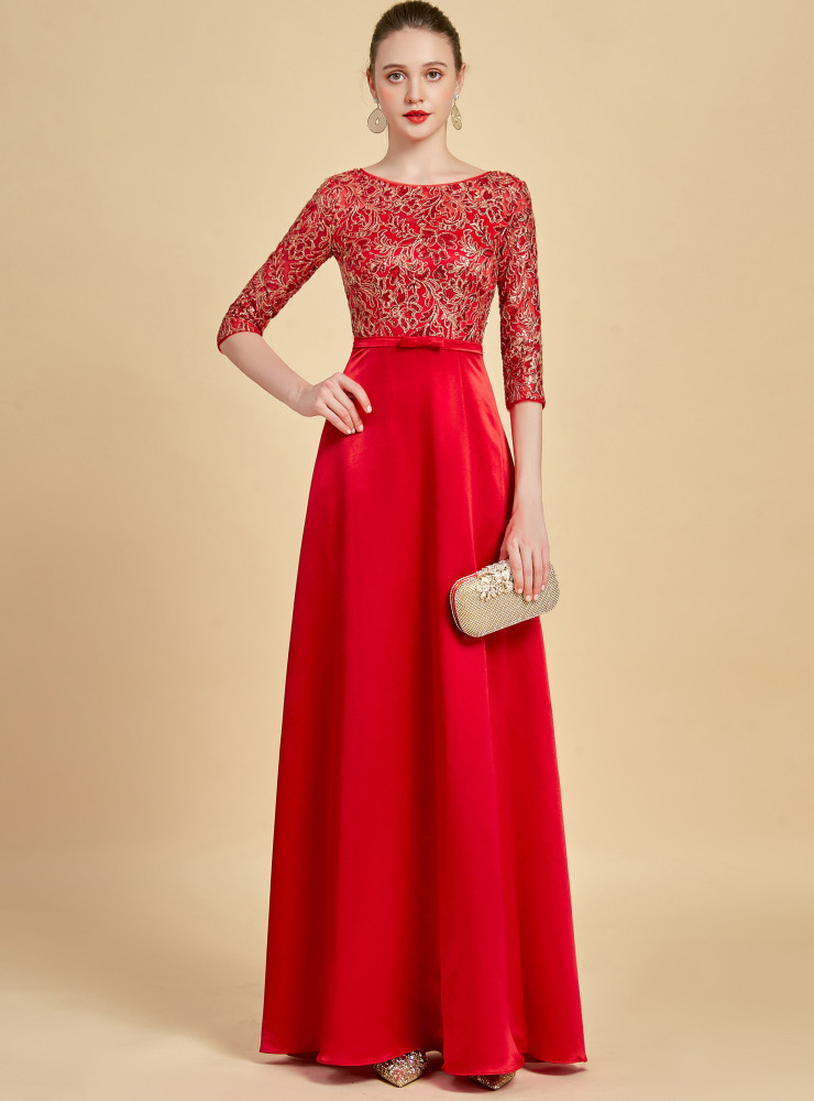 Burgundy Satin Short Sleeve Lace Mother Of The Bride Dress