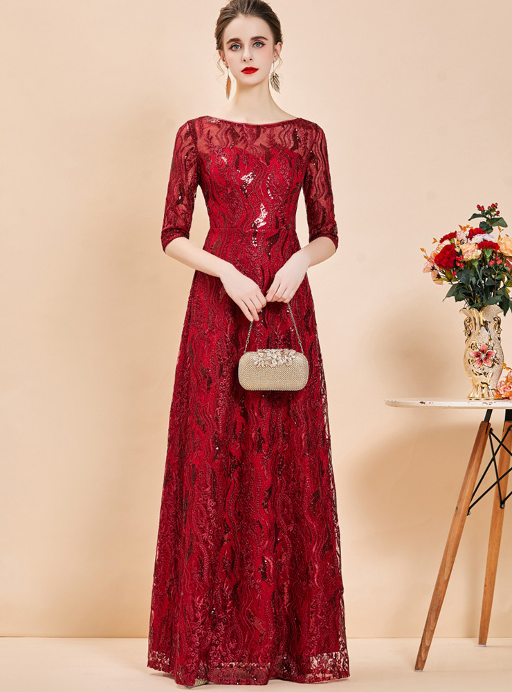 Burgundy Satin Short Sleeve Lace Mother Of The Bride Dress