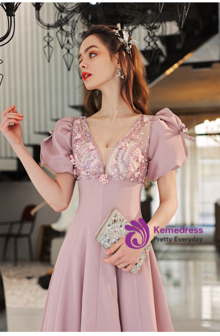 In Stock:Ship in 48 Hours Pink Satin V-neck Puff Sleeve Prom Dress