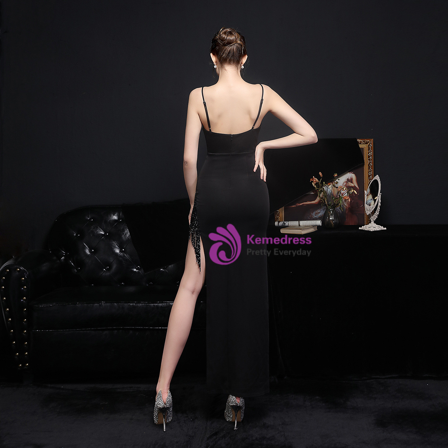 In Stock:Ship in 48 Hours Black Beading Split Party Dress