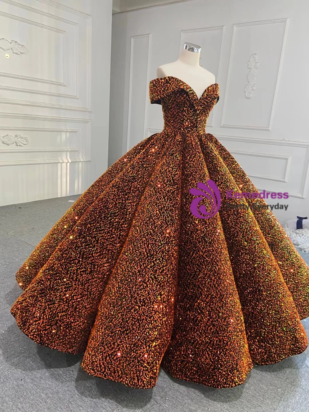 Orange Ball Gown Sequins Off the Shoulder Prom Dress