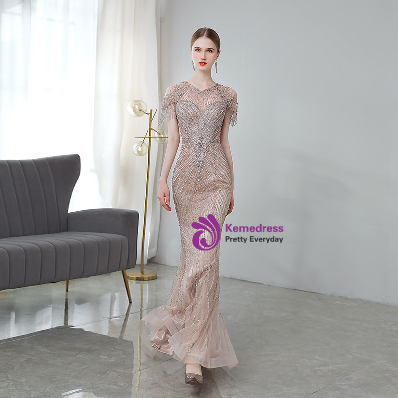 Champagne Heavy Beading Crystal Cap Sleeve Prom Dress