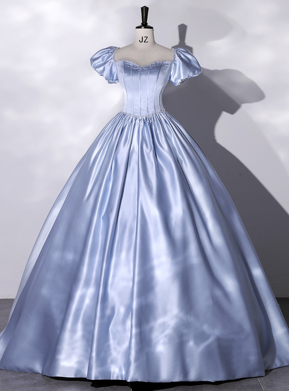 Navy Blue Puff Sleeve Square Beading Quinceanera Dress
