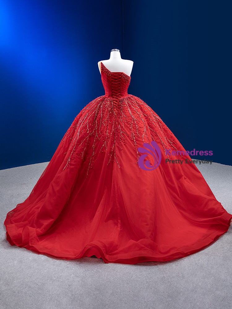 Red Tulle One Shoulder Beading Pearls Prom Dress