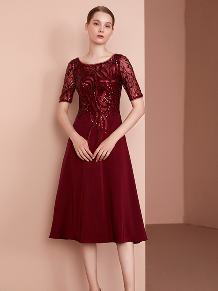 Burgundy Satin Sequins Short Sleeve Mother Of The Bride Dress
